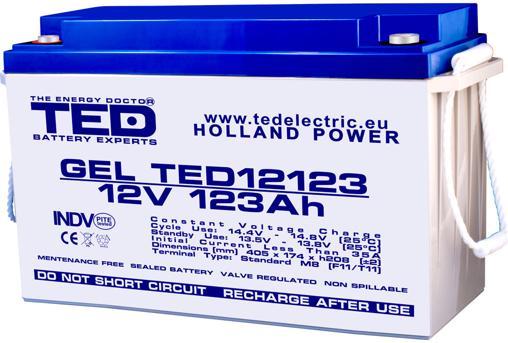 Acumulator TED AGM VRLA 12V 123A GEL 328mm x 173mm x h 220mm terminal ...